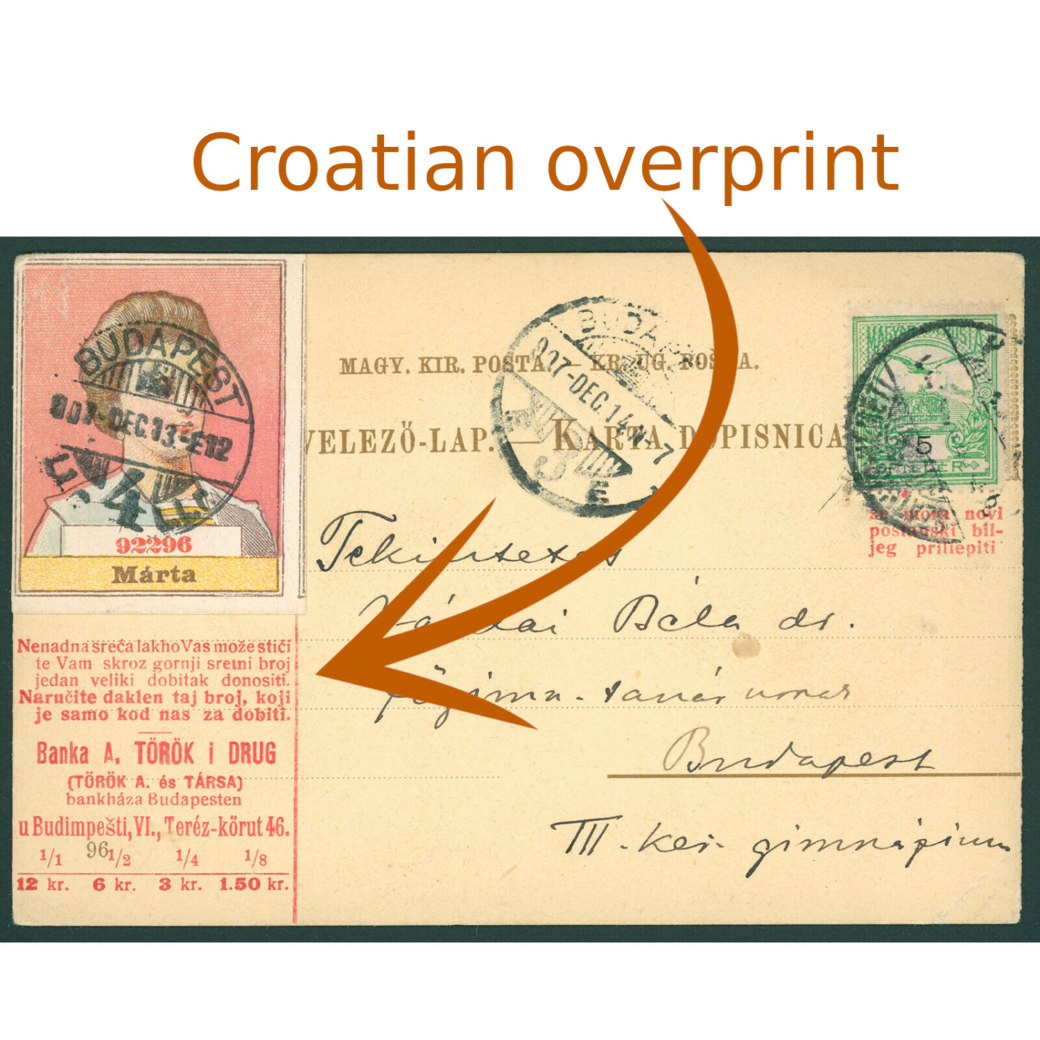 1896. Millenium postcard TÖRÖK & Co. advertising Croatian (!) overprint ...