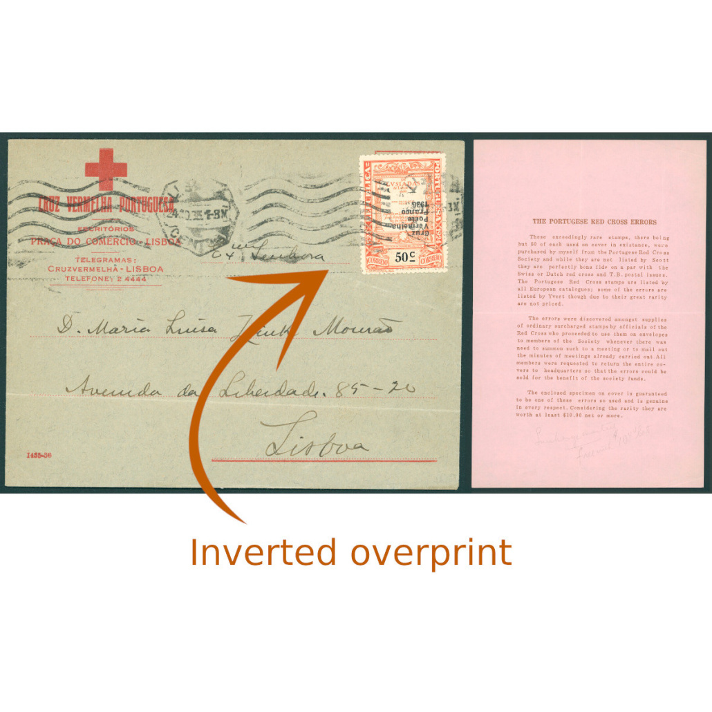1936 Portugal – Red Cross INVERTED overprint on envelope with ...