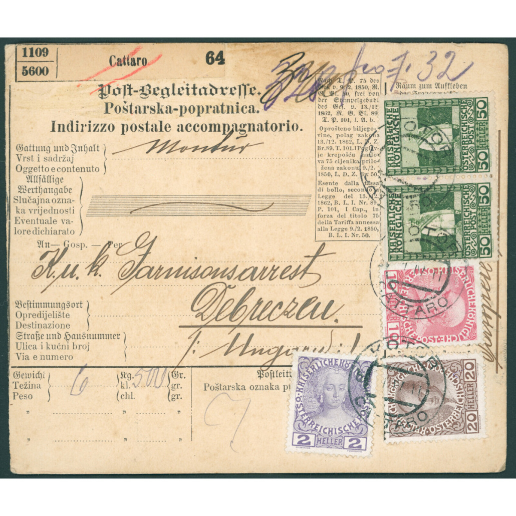 1911 Austria – trilingual document duty free parcel card sent to ...