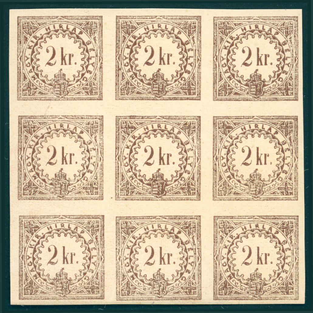 1868 newspaper duty 2kr mint block of nine – rarely seen big connection ...